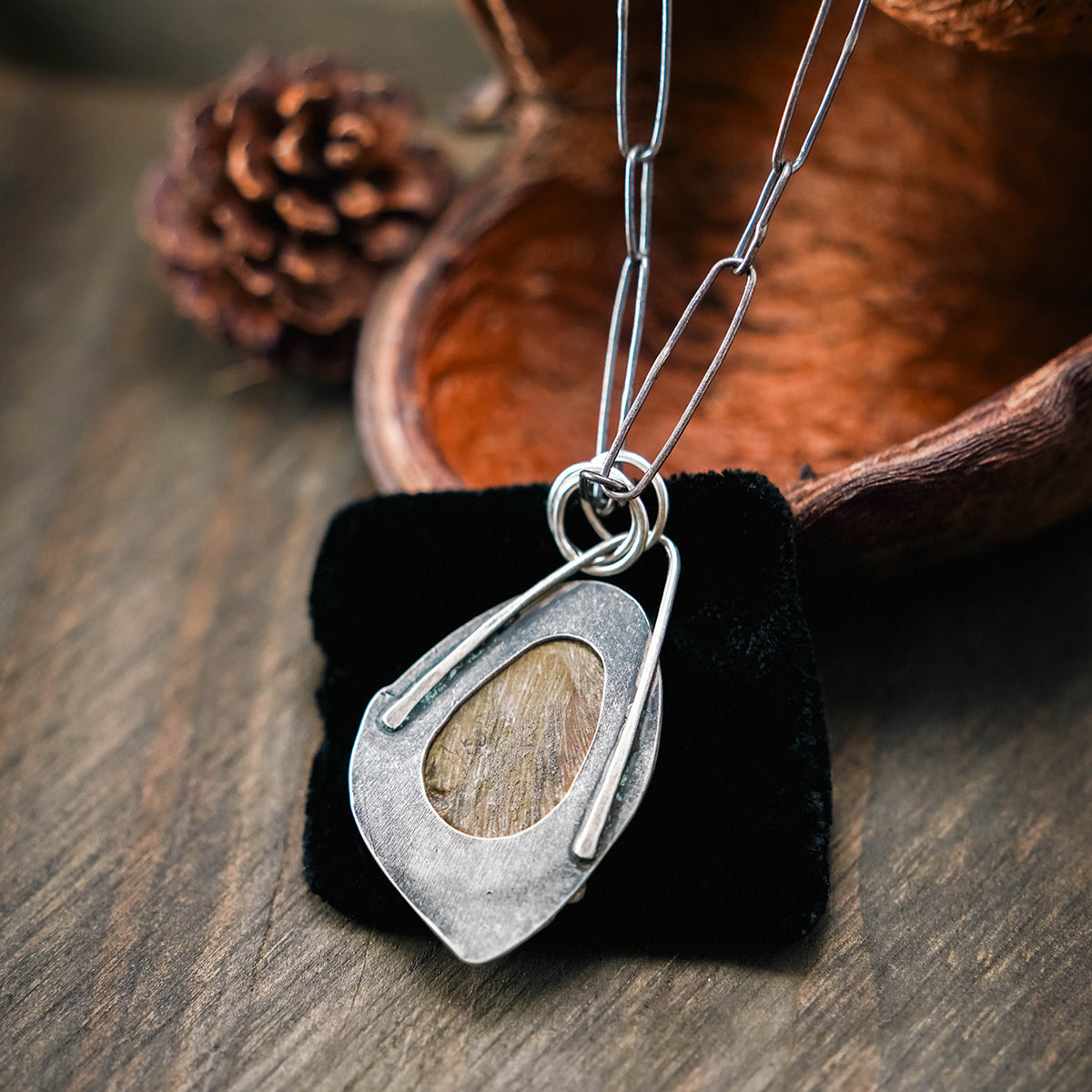 Ammonite Fossil Sterling Silver Pear Patina Pendant with Handbuilt Cha ...